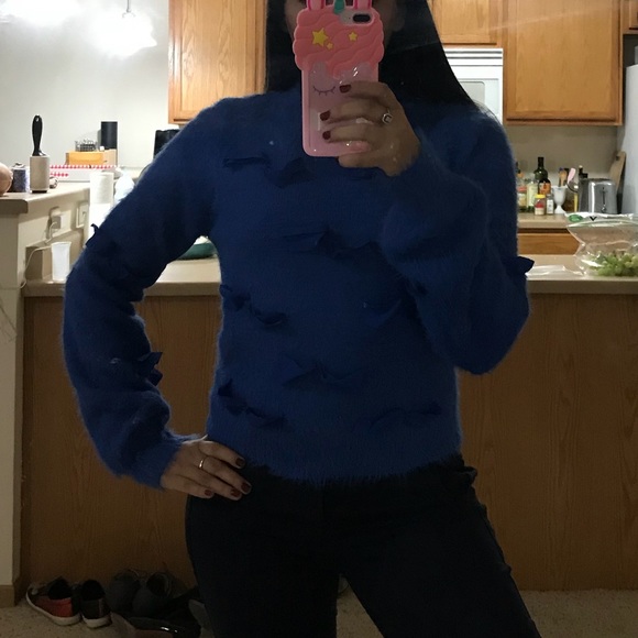 Sweaters | Cobalt Blue Fuzzy Sweater W Bows | Poshmark